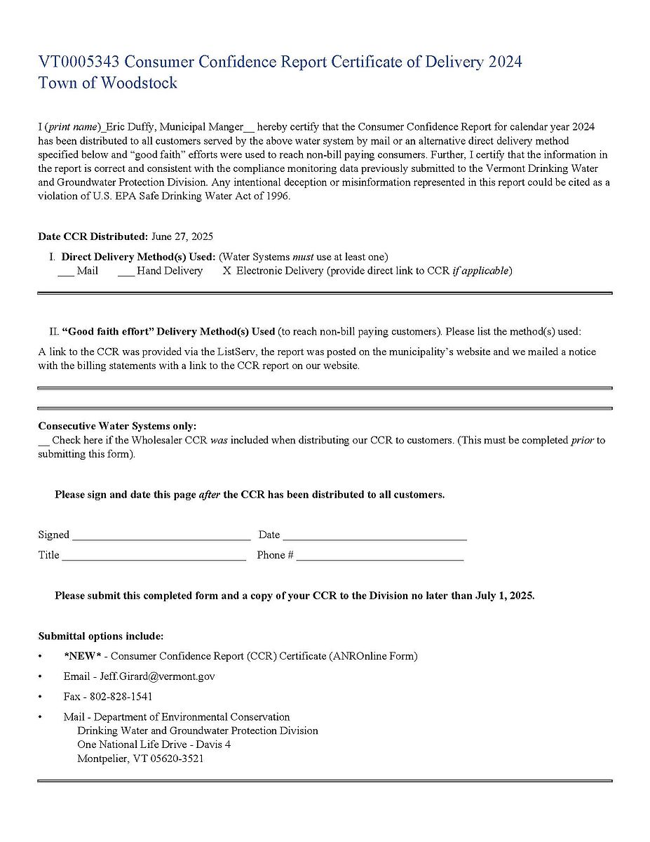 Consumer Confidence Report (CCR) | Woodstock, VT